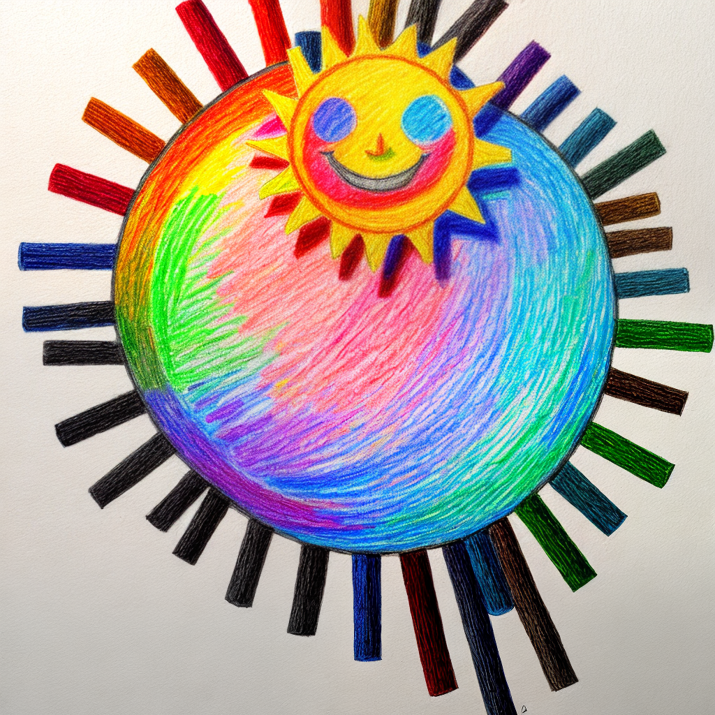 stylized crayon drawing of a smiling sun