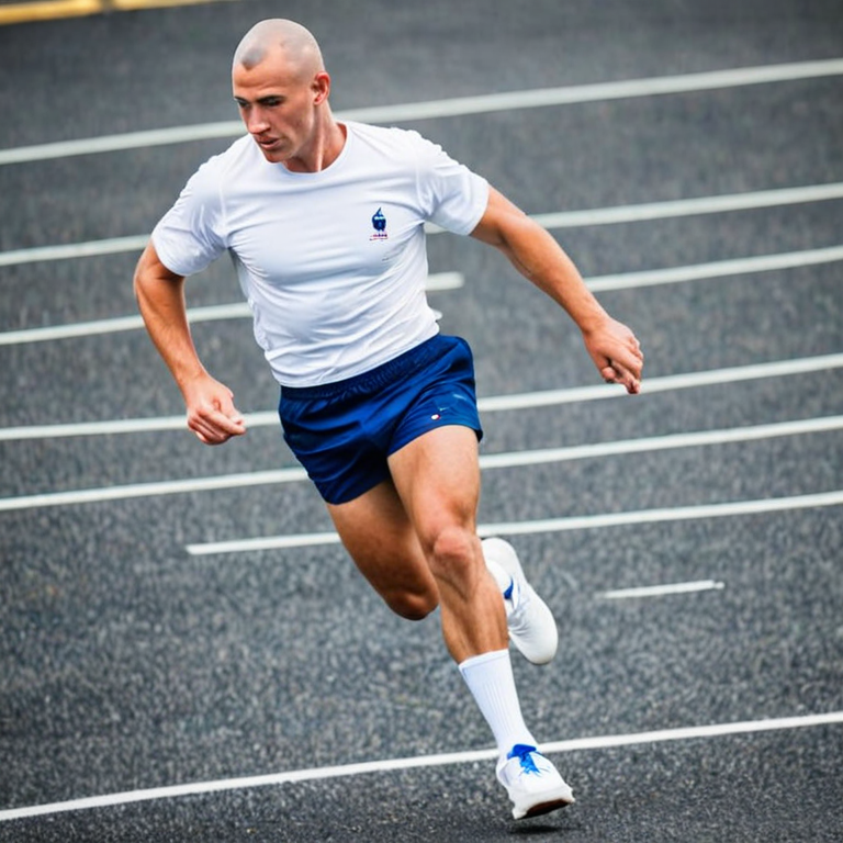 Sailor running in a white shirt, blue shorts, white socks, white ...