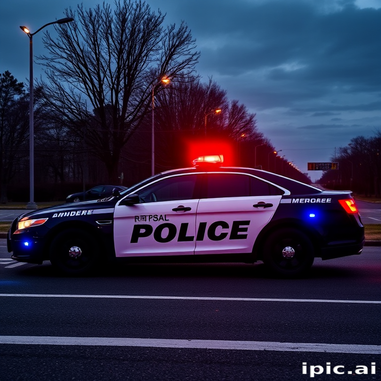 Police Car with Flashing Lights Parked on a Quiet Street at Night.