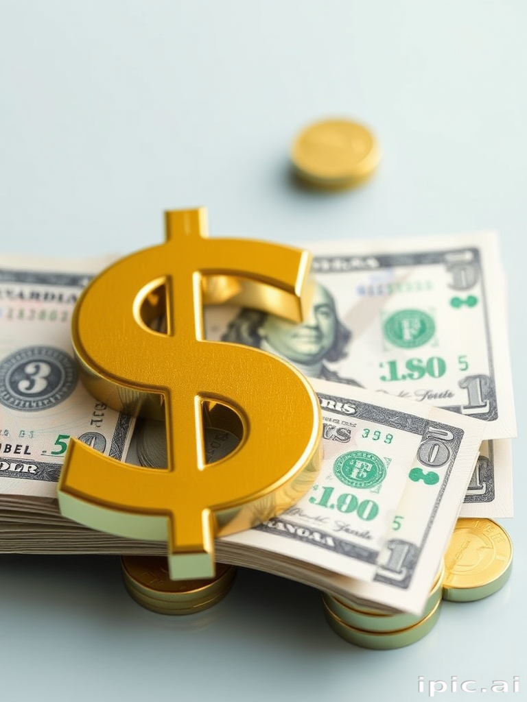 Stack of Dollar Bills and Coins with a Bold Golden Dollar Sign