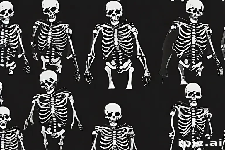 Playful Skeletons in Various Poses Against a Dark Background Pattern
