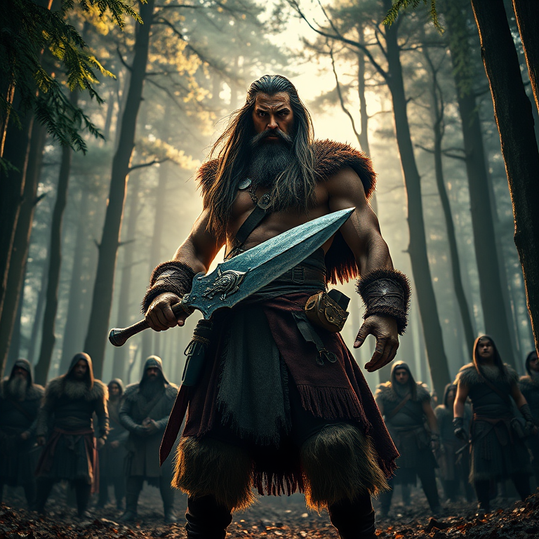 A Fearless Warrior Stands Strong Amongst Allies in a Mysterious Forest.