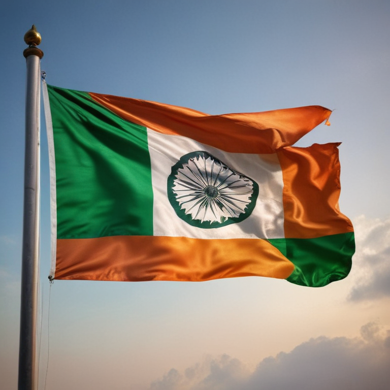 Vibrant Indian Flag Fluttering Against a Beautiful Sky at Dusk