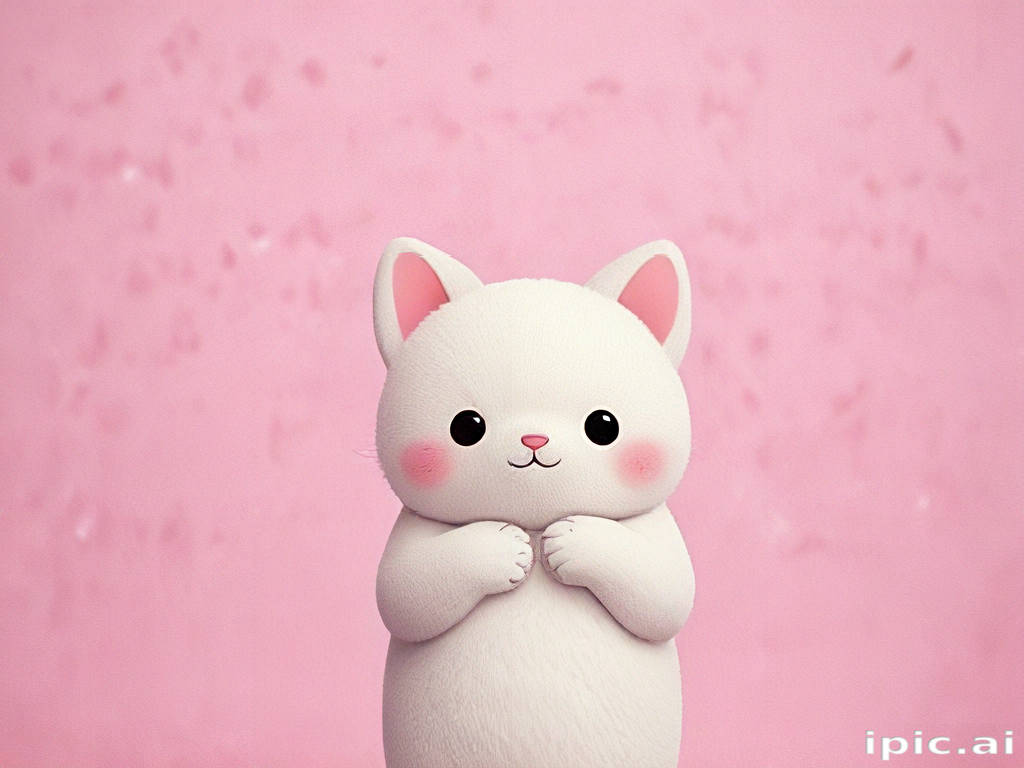 Adorable White Cat Character with Pink Background and Sweet Expression