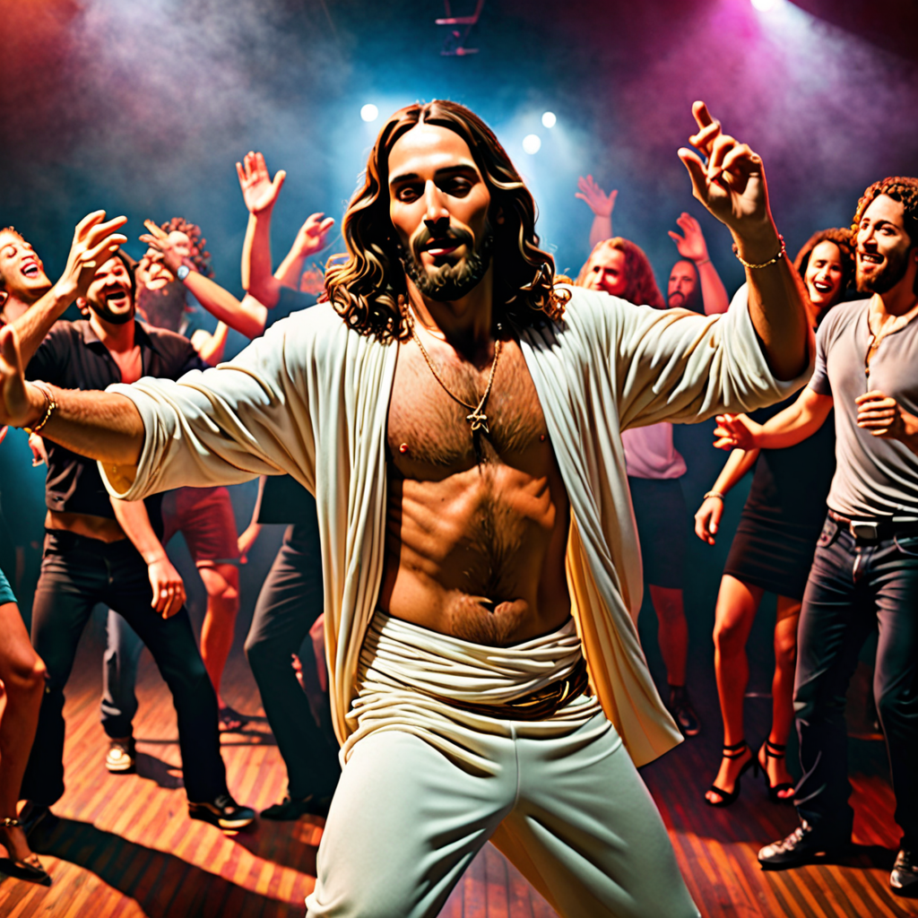 Hyper realistic photo high jesus dancing in a club