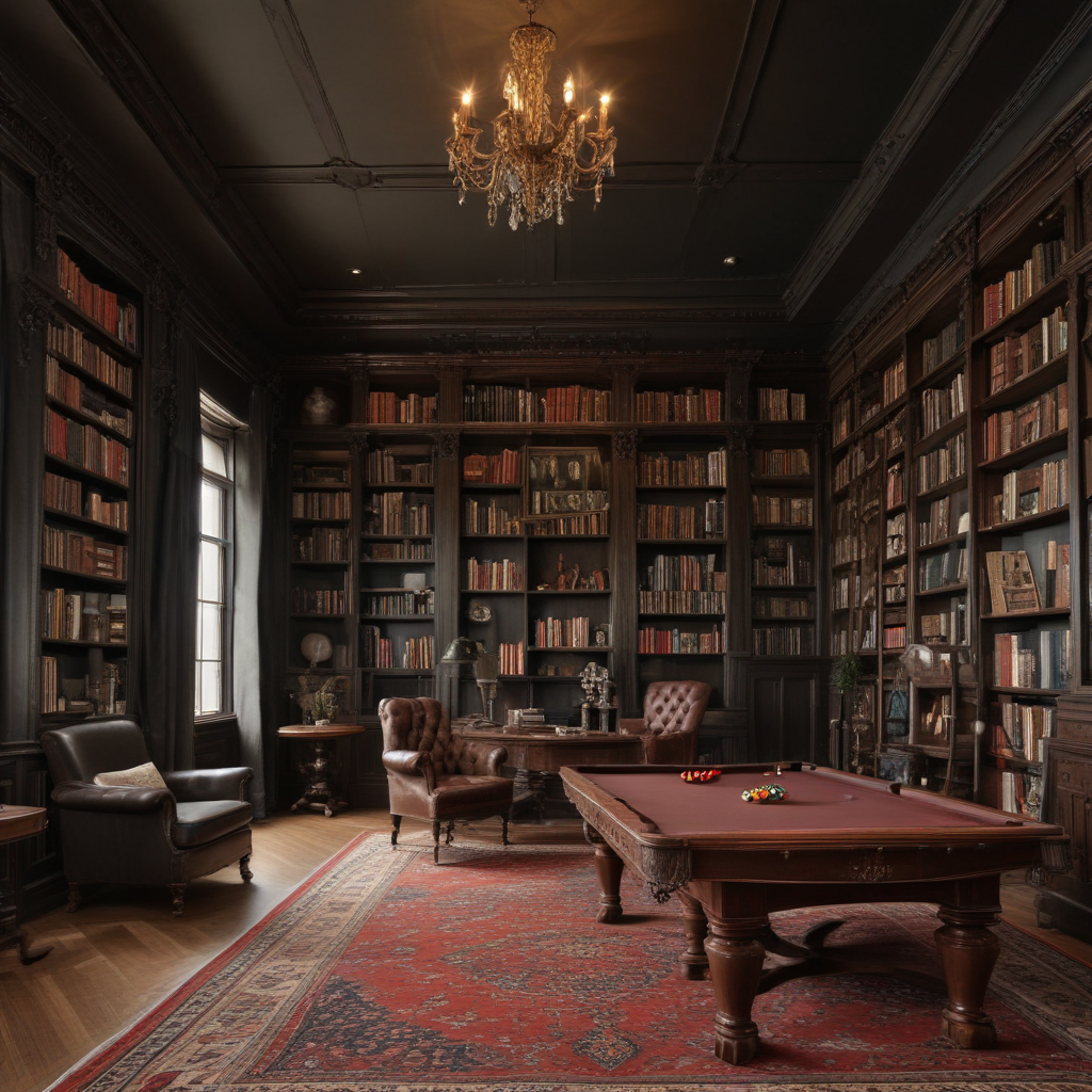 a elegance and luxury image of a game room and library in manor, gothic