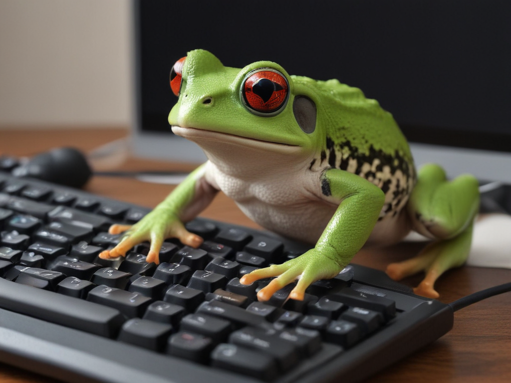 A realistic frog gaming on PC with keyboard and microphone