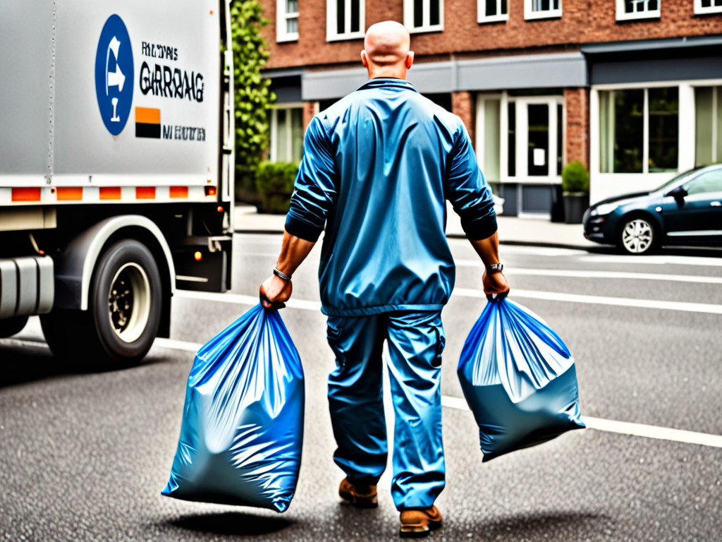realistic handsome bald muscular garbagemen from behind carrying ...