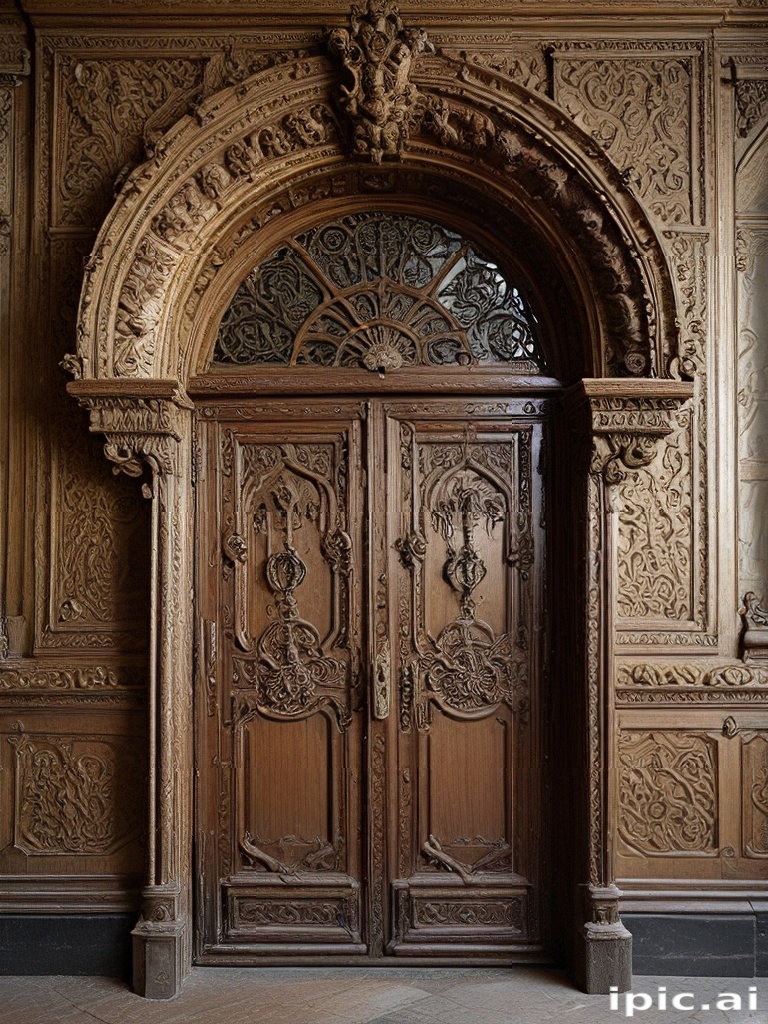 Intricately Carved Wooden Doorway with Ornate Arch and Decorative Details.