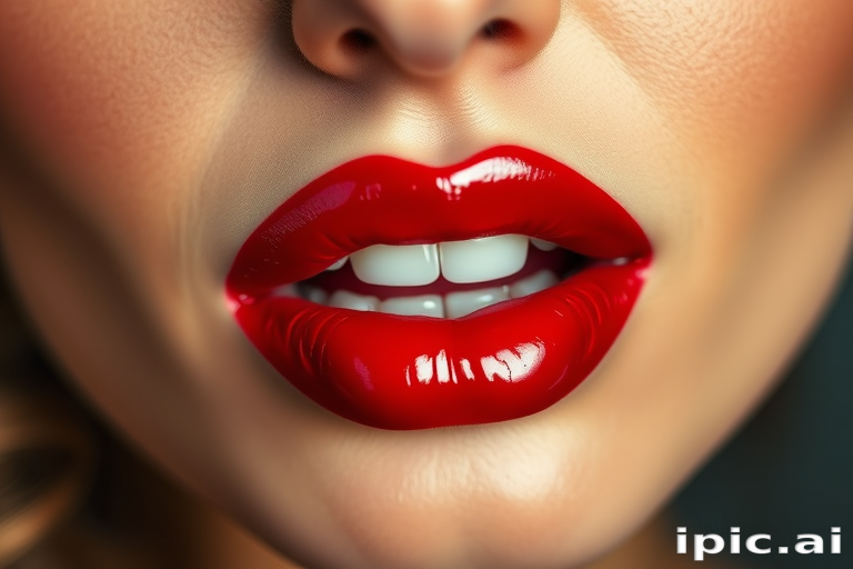 Close-Up of Glossy Red Lips with Perfectly White Teeth and Glamorous Shine