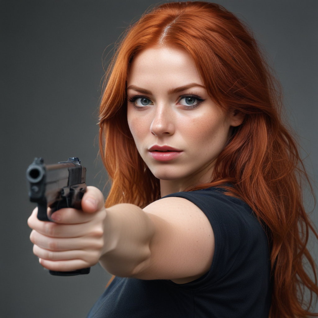 a red haired woman with a gun in the right hand