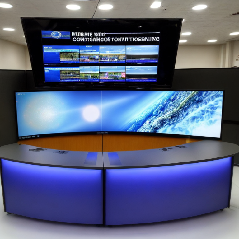 News desk with a microphone on it. Large monitor begind the desk saying ...