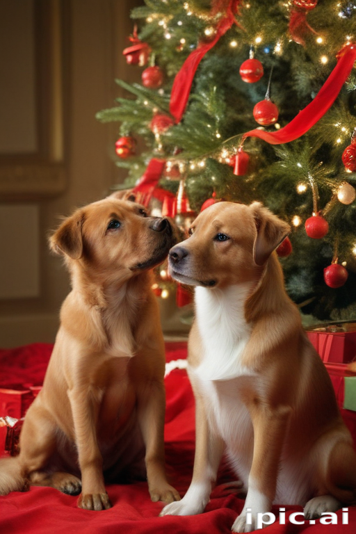 Two Adorable Dogs Sitting Together by a Beautiful Christmas Tree