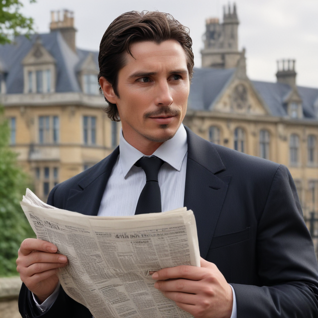 Christian Bale as bruce wayne in tuxedo, muscle, with a newspaper and ...