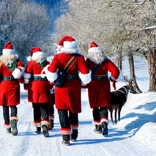 santa exercising with elves and reindeer in north pole