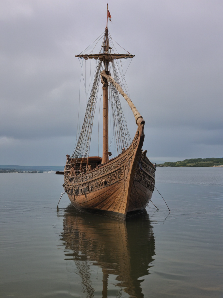 Viking longship, its hull crafted from dark, weathered wood, adorned ...