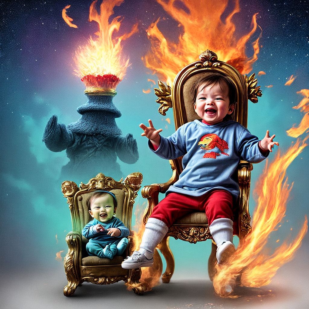 baby overlord on a fiery throne, ruling over humans, laughing, ultra ...