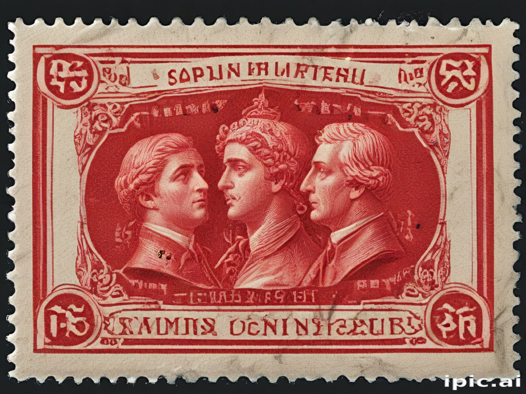 Three Distinguished Figures in Profile on a Vintage Red Stamp Design