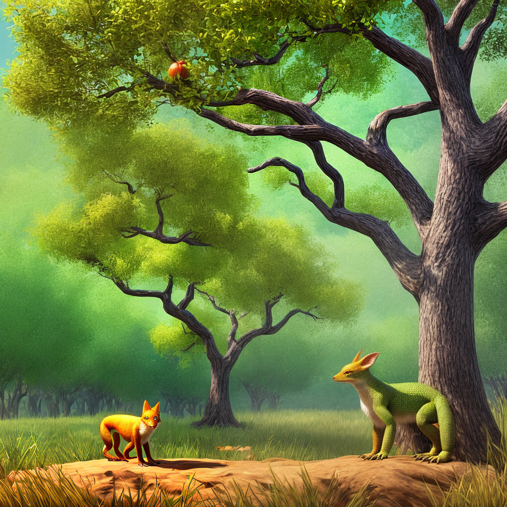 a lizard kobold standing in front of a apple tree bearing yellow gold ...