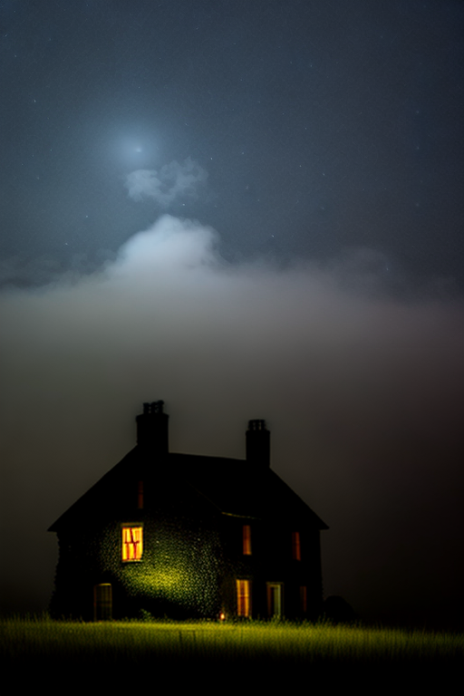 a spooky old house with a single light on and shrouded in mist at night