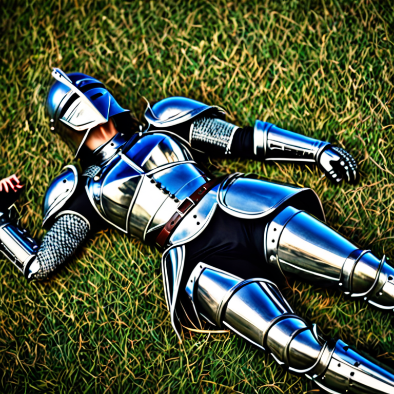 Female knight with abs, laying on the ground
