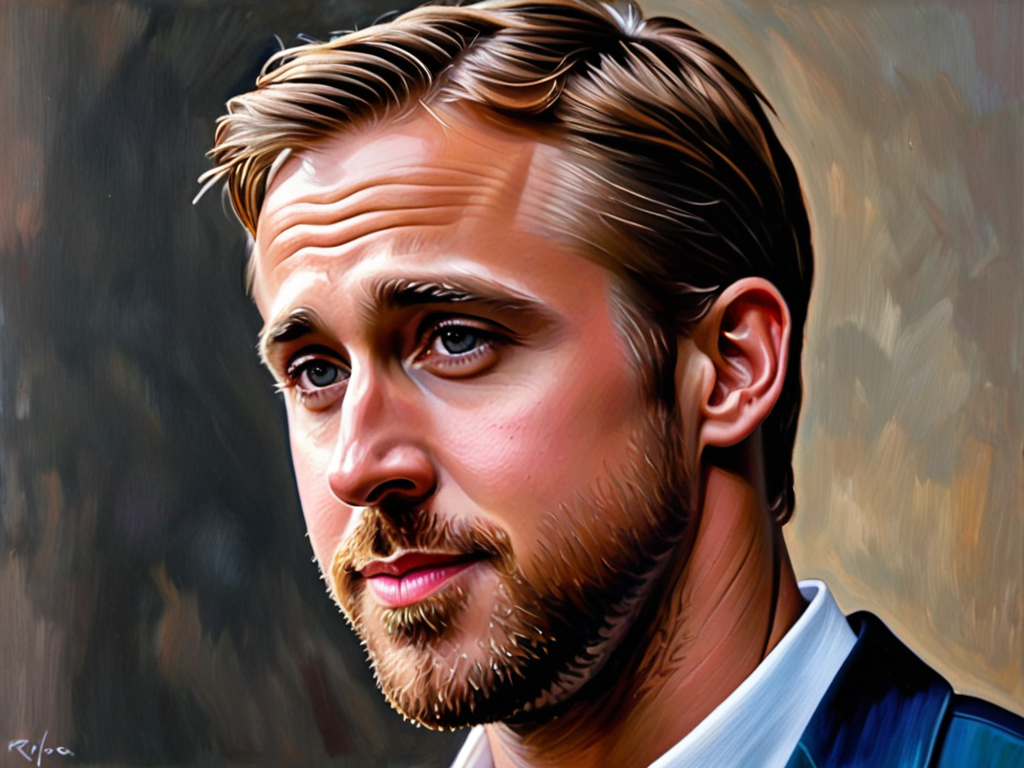 Low angle, close-up face, ryan gosling, up-turned chin looking down on ...