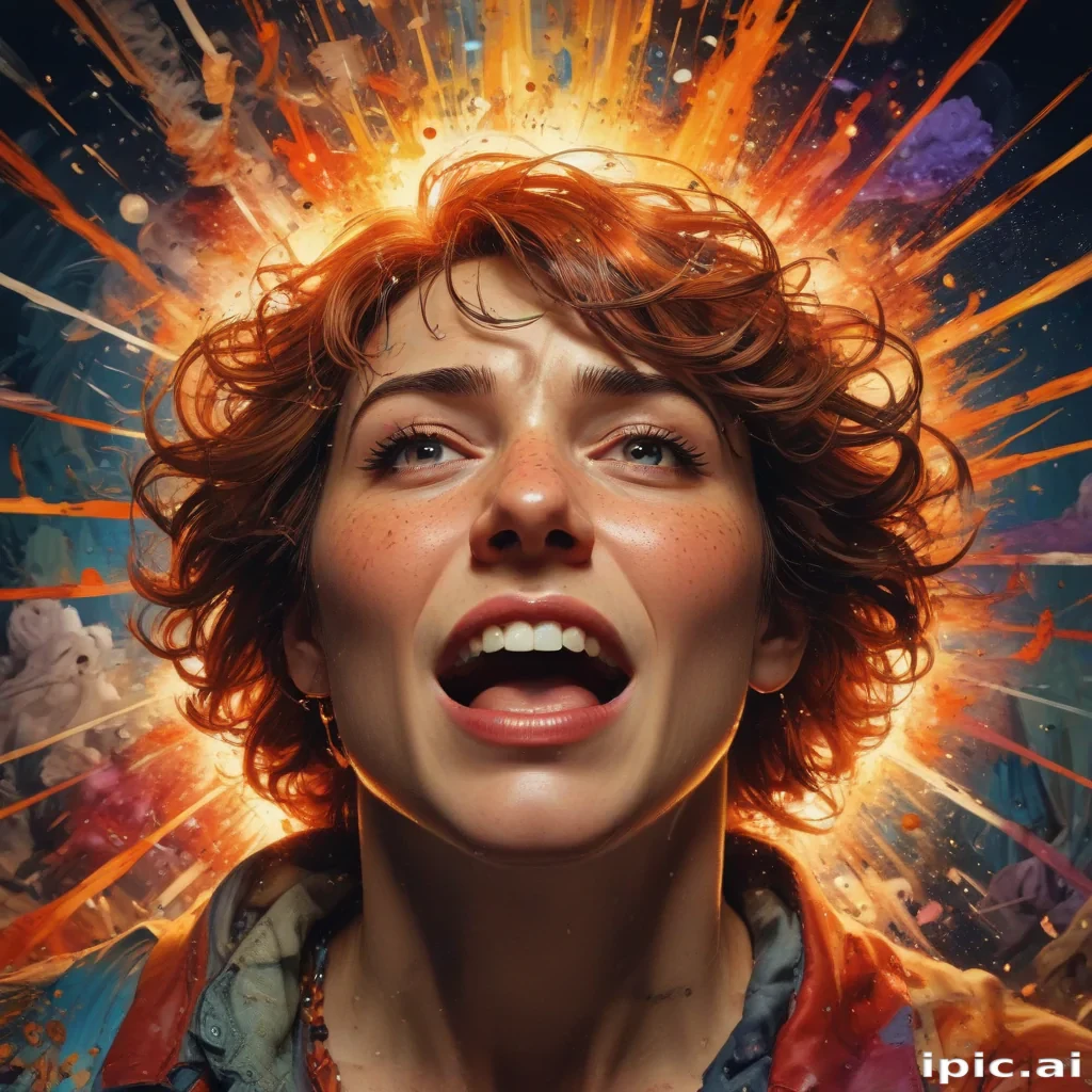 Emotional Expression of Joy and Wonder Amidst a Colorful Explosion