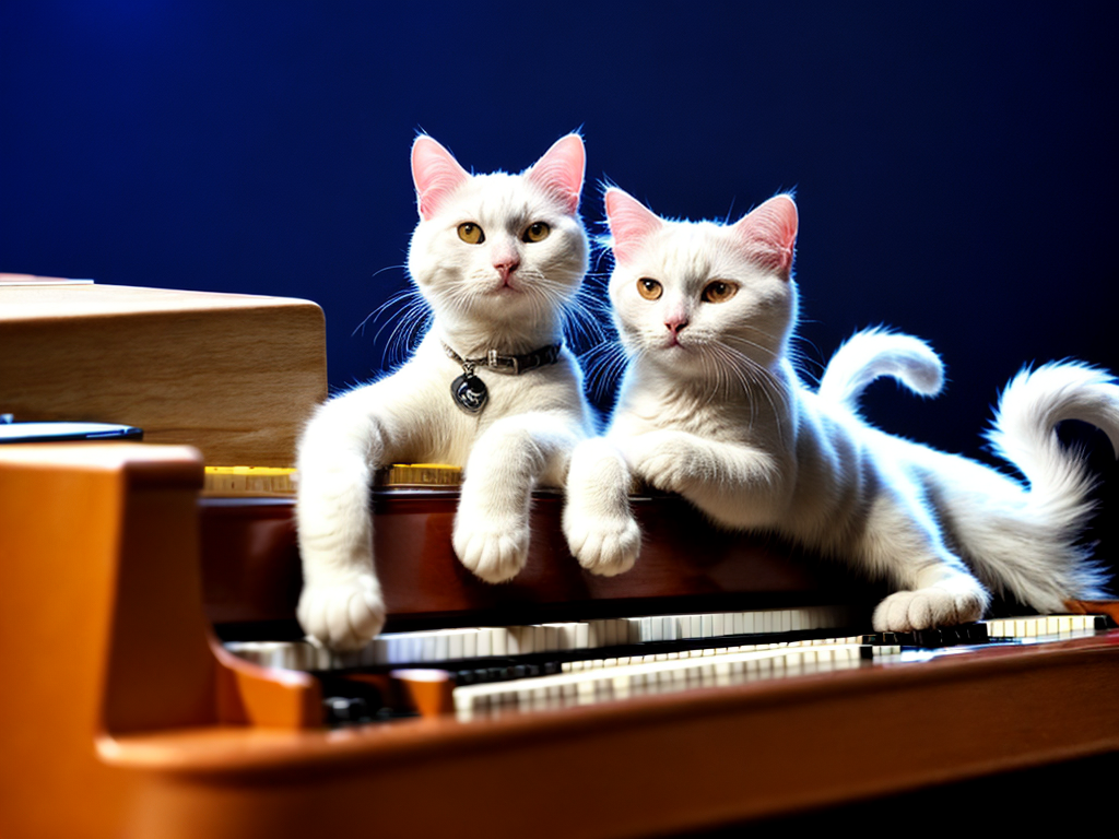 white cat with paws on a piano and singing on stage with a microphone ...
