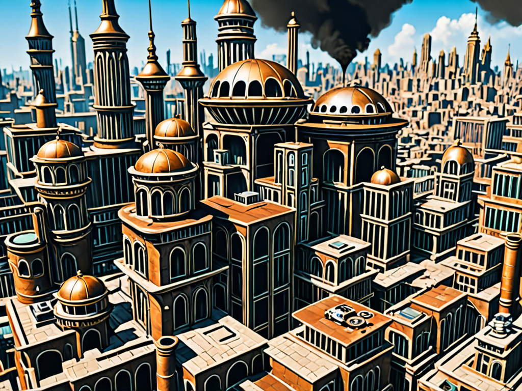 steam punk cyber punk magic city scape