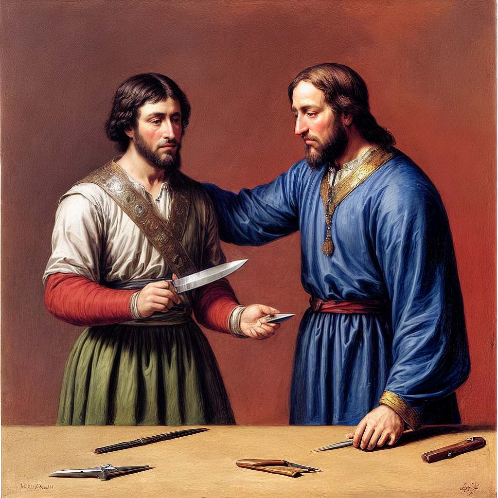 Medieval man holding a knife against a kings throat.