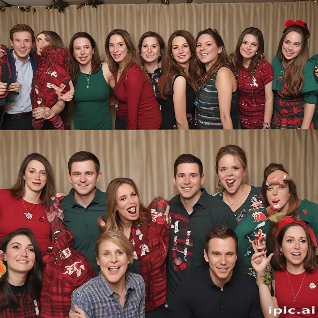 Festive Celebration with Friends in Holiday Outfits and Cheerful ...