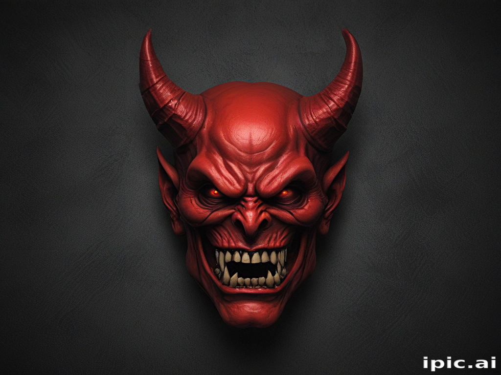 Vivid Demonic Face with Horns and Sharp Teeth Against Dark Background