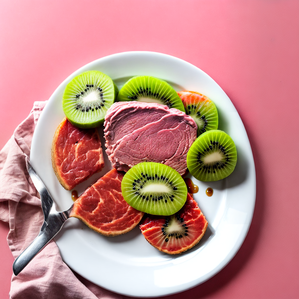 kiwi and bloody meat on kitchen table, pink walls, big knife