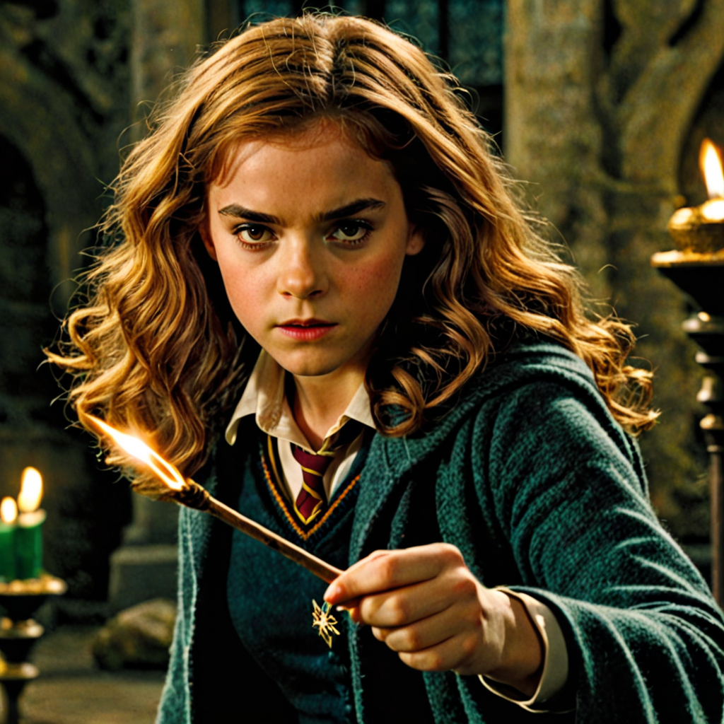 Hermione Granger casting spells at Ron Weasly with 2 wands