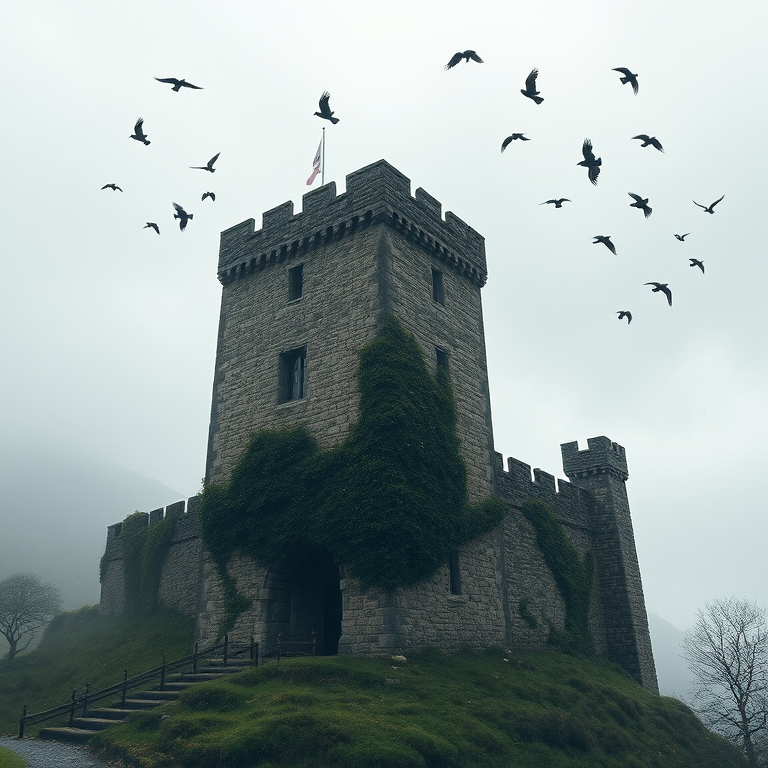 Majestic Stone Castle Surrounded by Mist and Soaring Birds in Flight