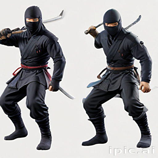 Dynamic Duo of Ninjas Preparing for Action with Traditional Weapons in Hand