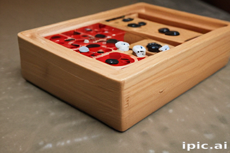 Intricately Designed Wooden Box Containing Various Colorful Game Pieces ...