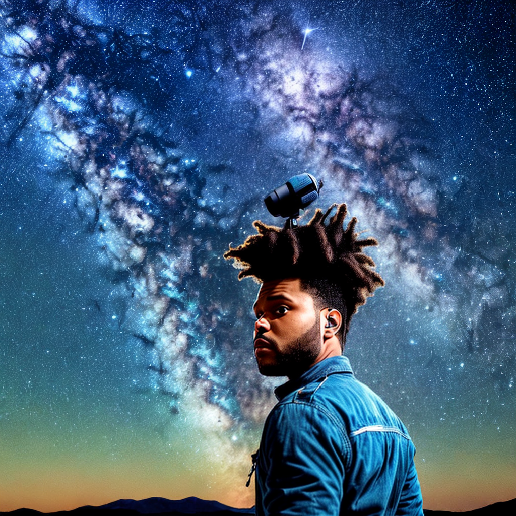 the Weeknd looking up at the stars singing into a microphone