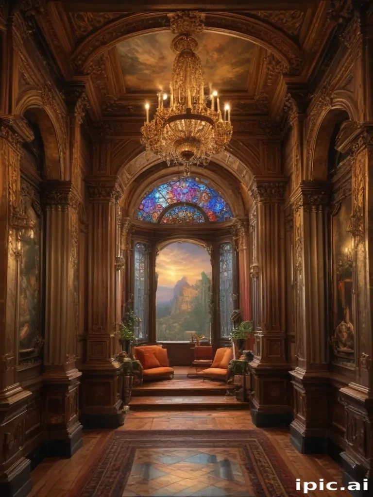 Elegant Victorian Hallway with Stained Glass and Luxurious Seating Area
