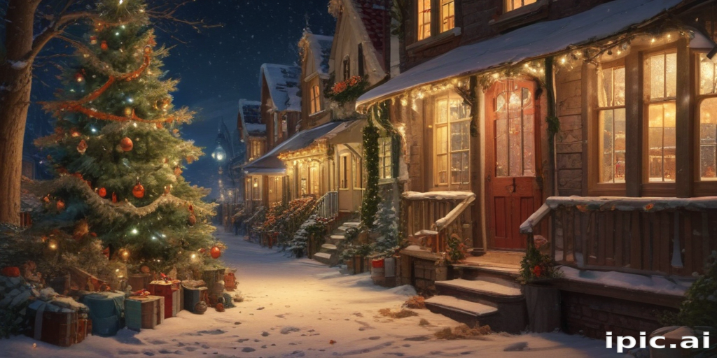 Charming Snowy Street Decorated for Christmas with Twinkling Lights and ...