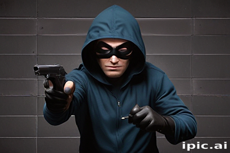 Masked Intruder in Dark Hoodie Aiming a Gun at the Camera
