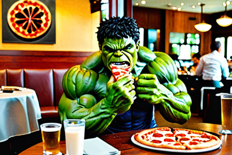 hulk eating pizza in restaurant