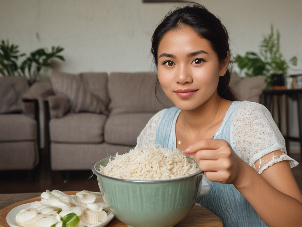 Filipina holding Big cup of rice