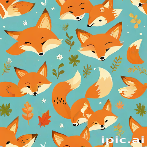 Playful Fox Faces and Whimsical Leaves on a Bright Blue Background