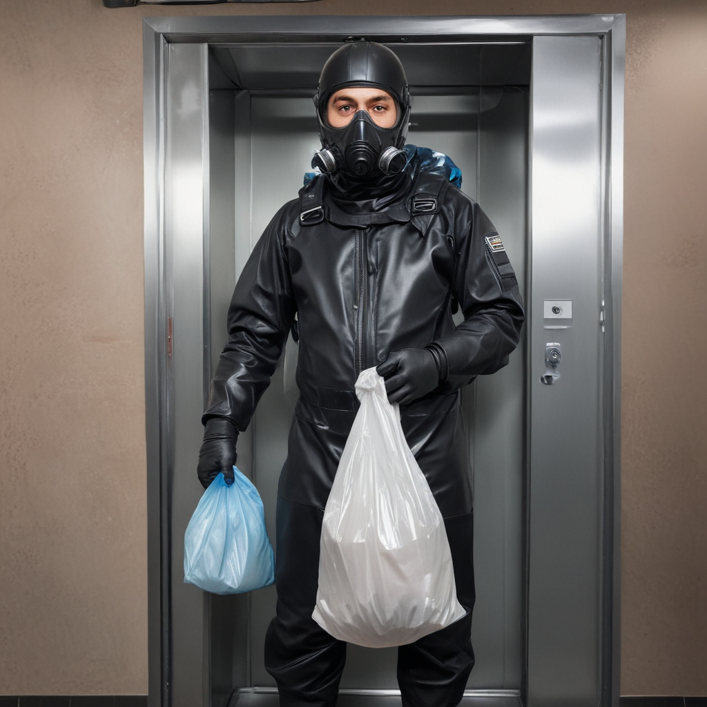 a man in scuba gear standing in the elevator holding a trash bag