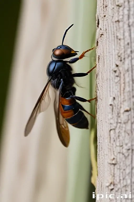 A Close-Up Look at a Colorful Bee Resting on a Tree Bark.
