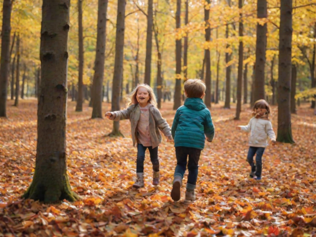 Children Joyfully Playing in a Beautiful Autumn Forest Full of Leaves