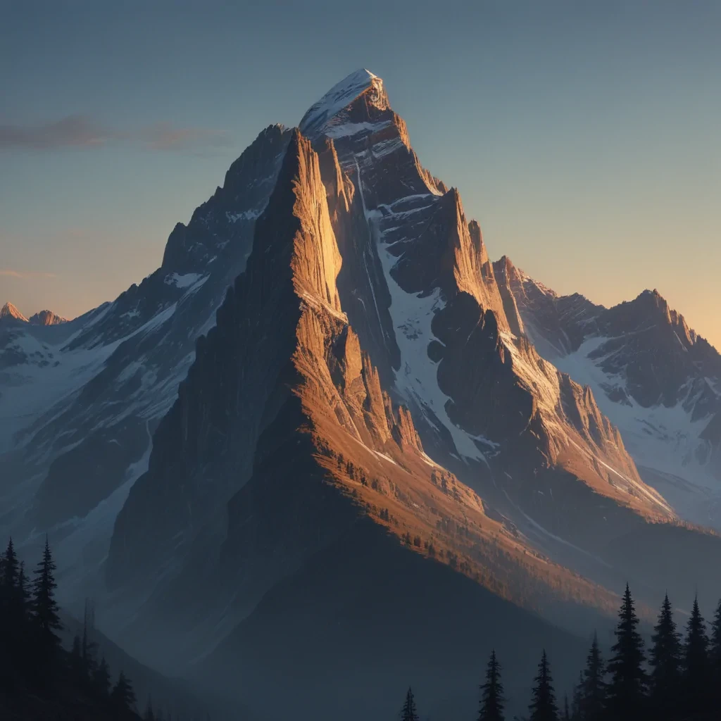 Majestic Mountain Peak Bathed in Warm Sunset Glow Surrounded by Pine ...