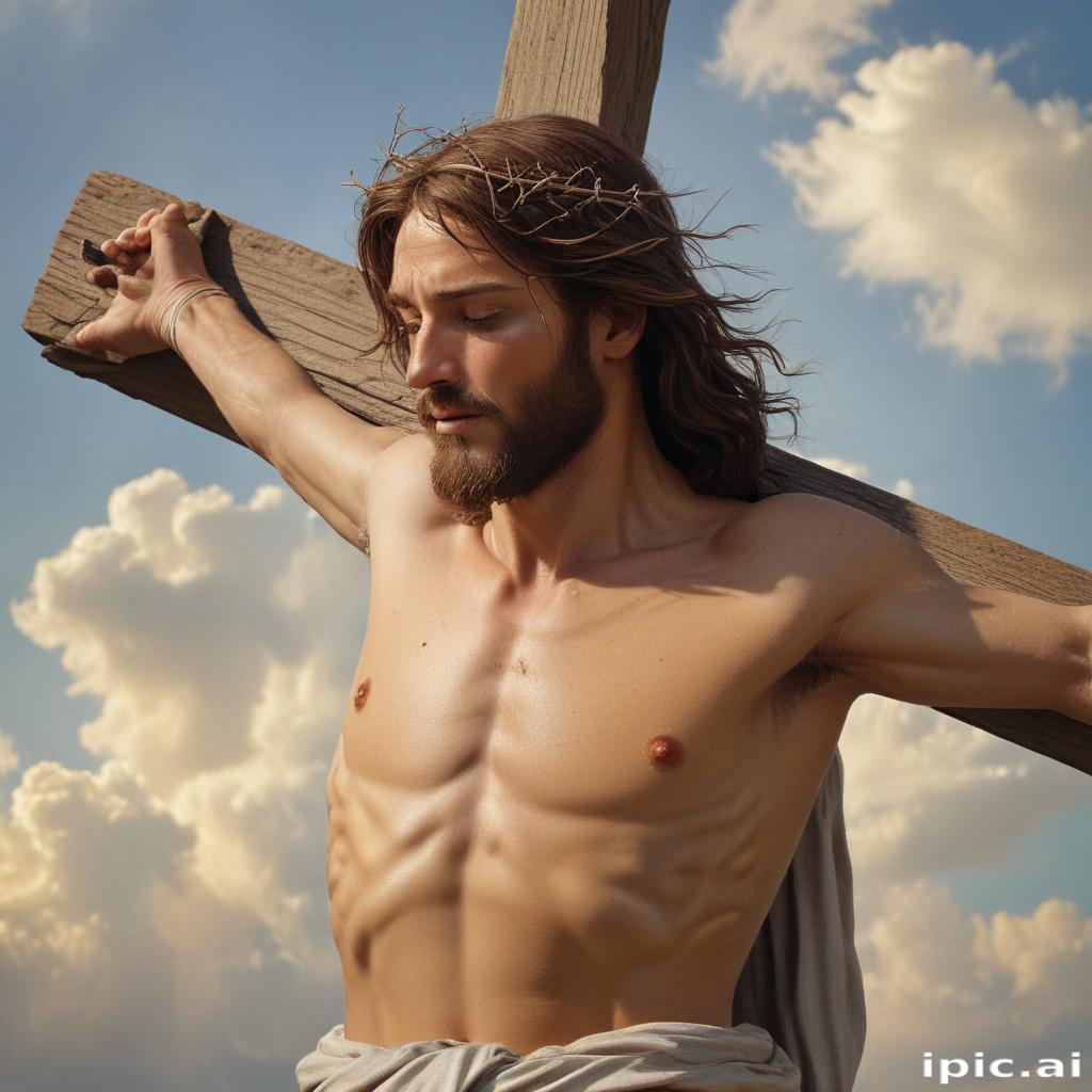 Depiction of a Crucified Figure with Thorn Crown Against a Dramatic Sky