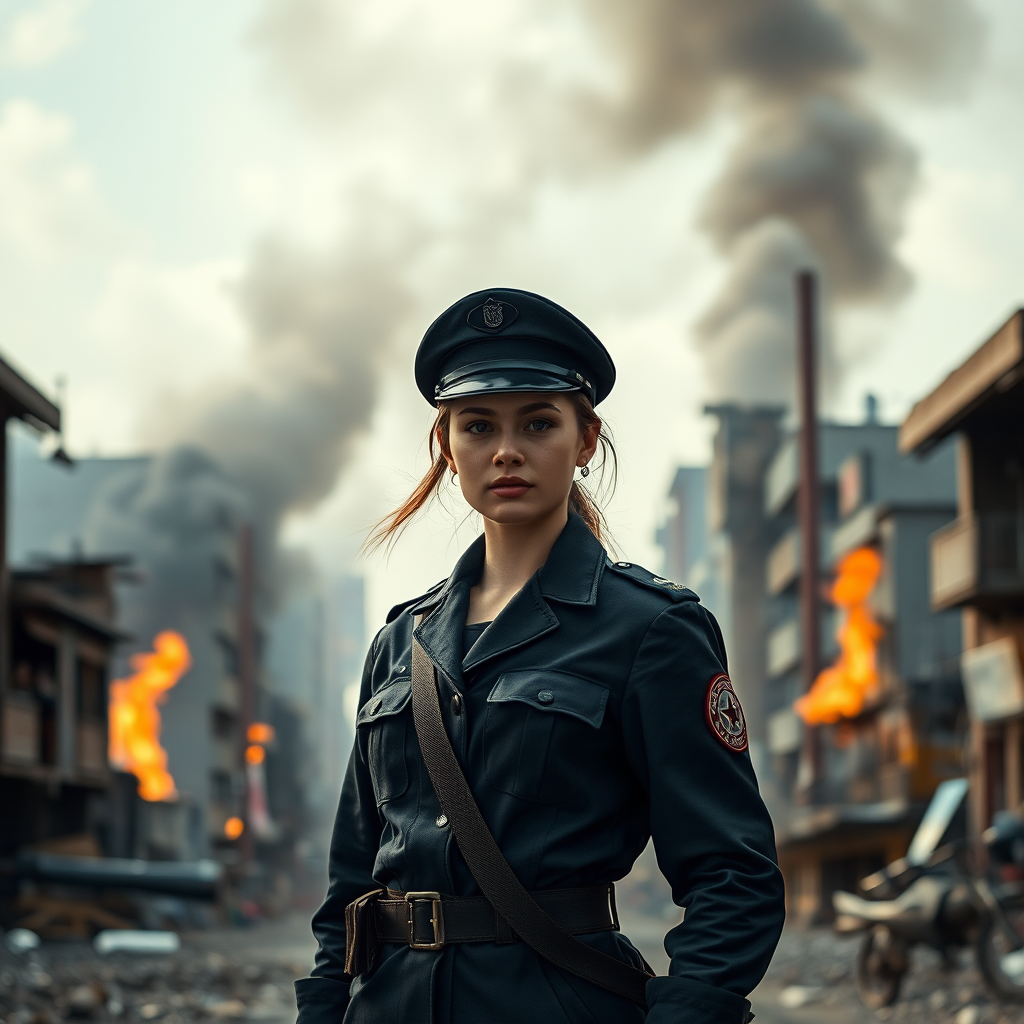 A Brave Female Officer Stands Amidst a Devastated War-Torn Cityscape.